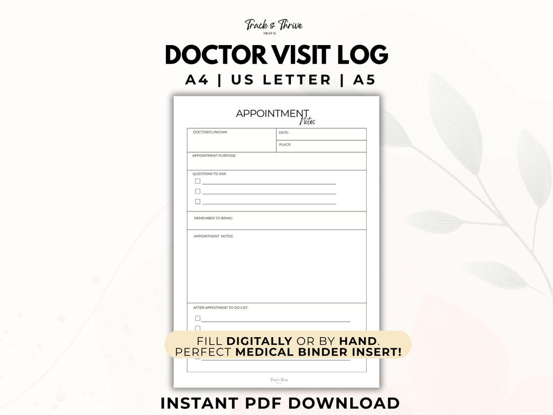 Doctor Visit Log: Appointment Notes (printable PDF A4, A5, US Letter ...