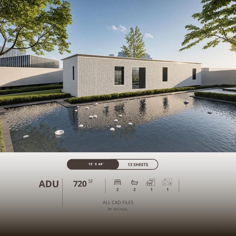 Modern 2 Bedroom ADU Plan (720 Sq Ft), CAD + PDF Drawing Set - Etsy