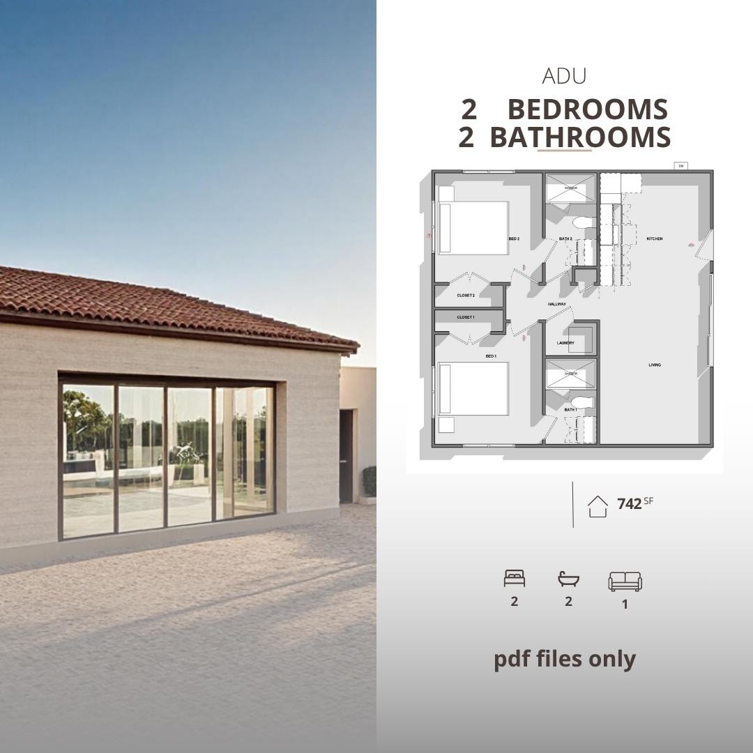 Modern 2 Bedroom, 2 Bathroom ADU Plan (742 Sq Ft) — PDF Drawing Set ...