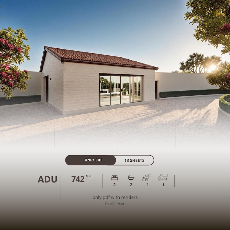 Modern 2 Bedroom, 2 Bathroom ADU Plan (742 Sq Ft) — PDF Drawing Set ...