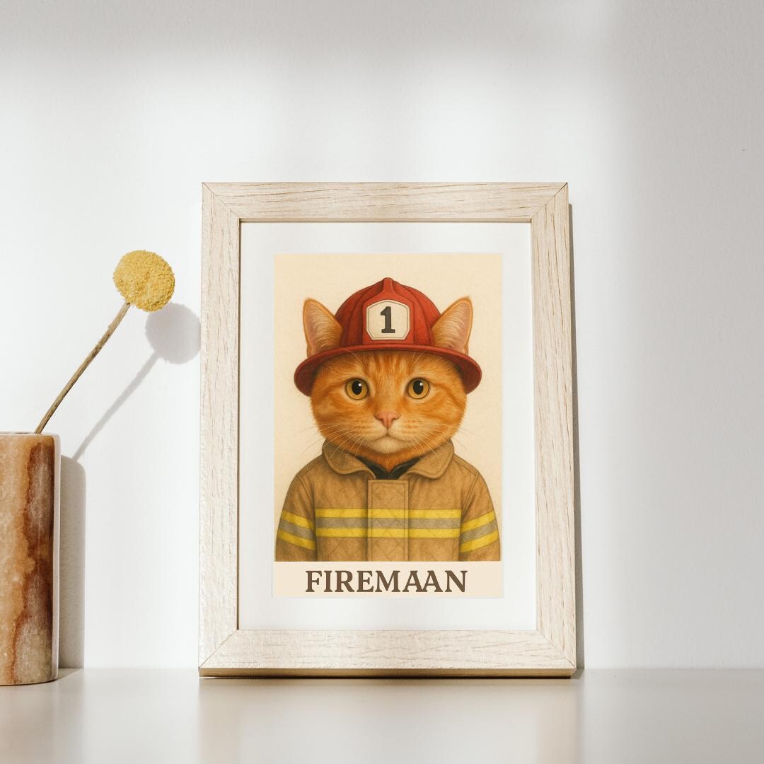 Ginger Cat Firefighter Wall Art – Cute Cat in Fireman Suit Printable ...