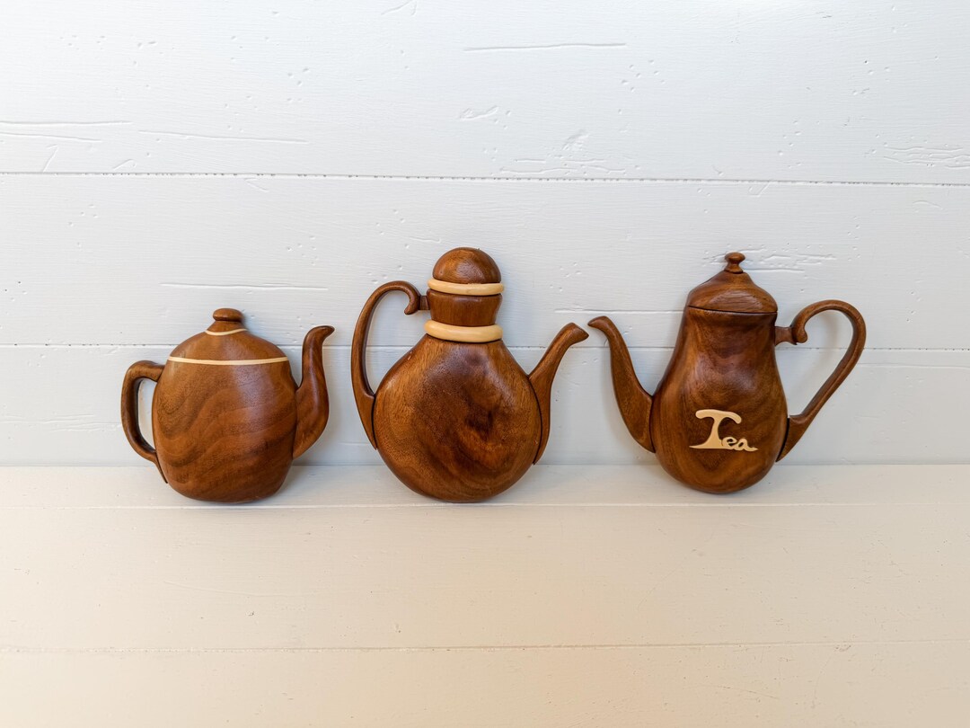 Set of 3 Two-tone Wooden Teapot Plaques: Hand-carved Wood Wall Hangings ...