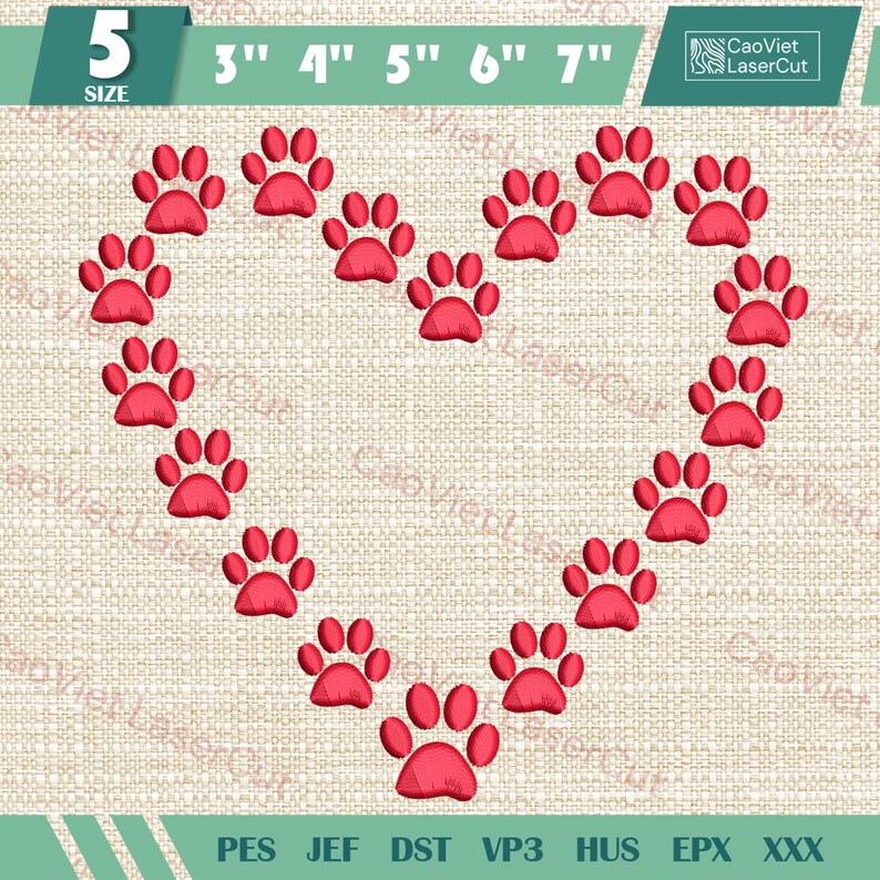 Paw Heart Embroidery Design, Valentine's Pet Stitch Pattern, Love Paw ...