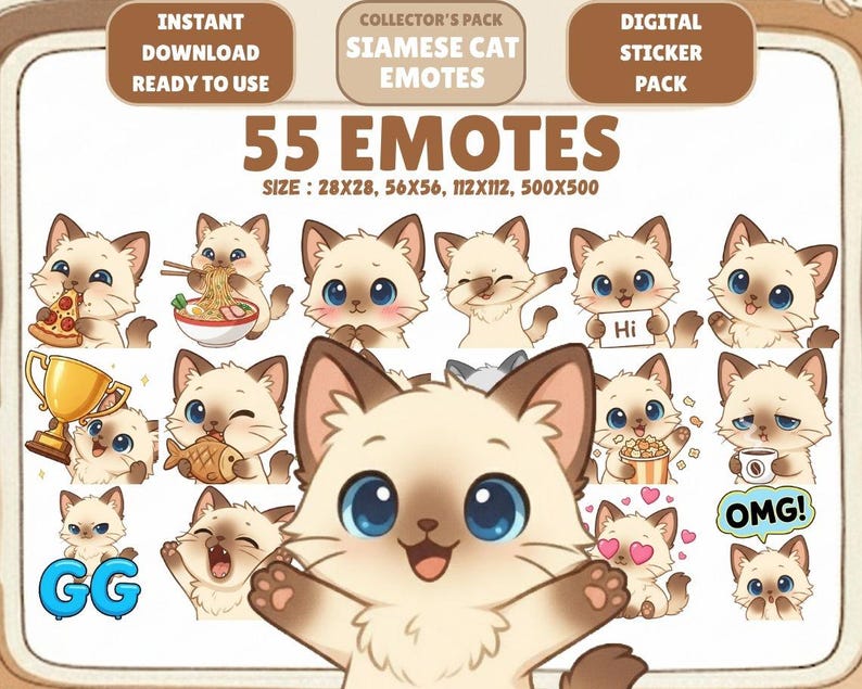 55 Kawaii Siamese Cat Emotes PNG Pack: Chibi Twitch Discord Emotes ...