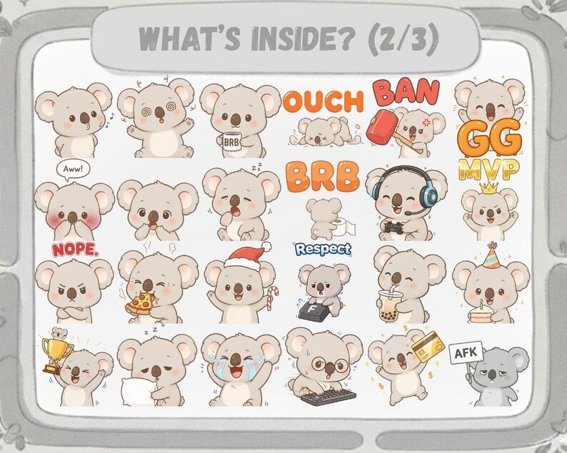 50 Kawaii Gray Koala Emotes PNG Pack: Chibi Twitch Discord Emotes ...