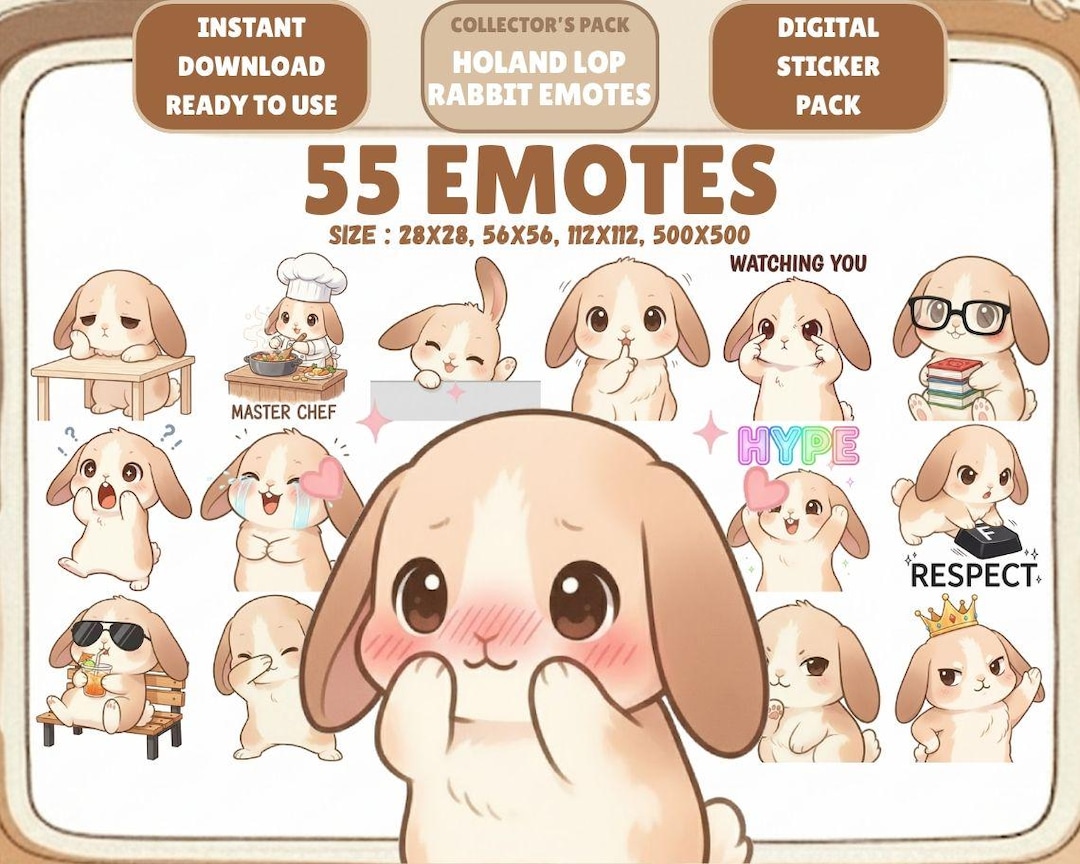 55 Kawaii Holland Lop Rabbit Emotes PNG Pack: Chibi Twitch Discord ...