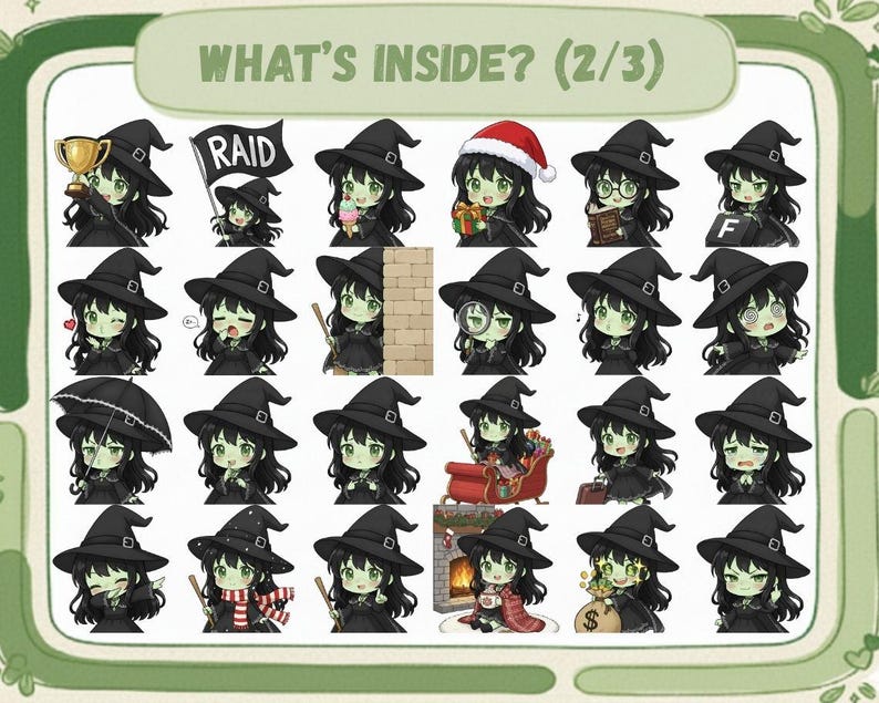 55 Kawaii Green Witch Freckles Emotes PNG Pack: Chibi Twitch Discord ...
