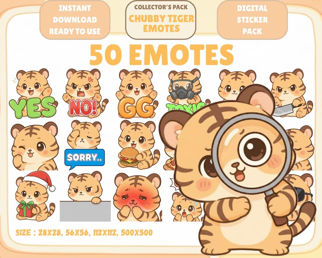 50 Kawaii Chubby Tiger Emotes PNG Pack: Chibi Twitch Discord Emotes ...