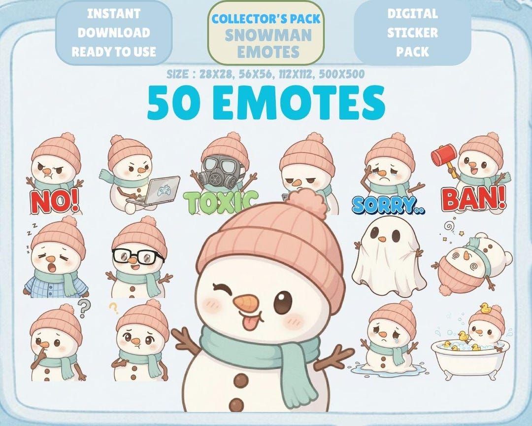 50 Kawaii Snowman Emotes PNG Pack: Chibi Twitch Discord Emotes (digital ...