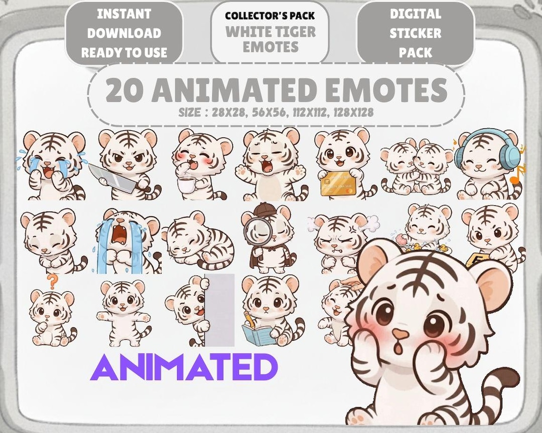 20 Animated Kawaii White Tiger Emotes GIF Pack: Chibi Twitch Discord ...