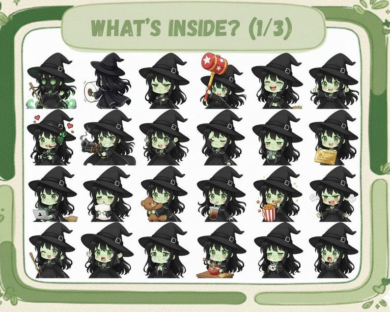 55 Kawaii Green Witch Freckles Emotes PNG Pack: Chibi Twitch Discord ...