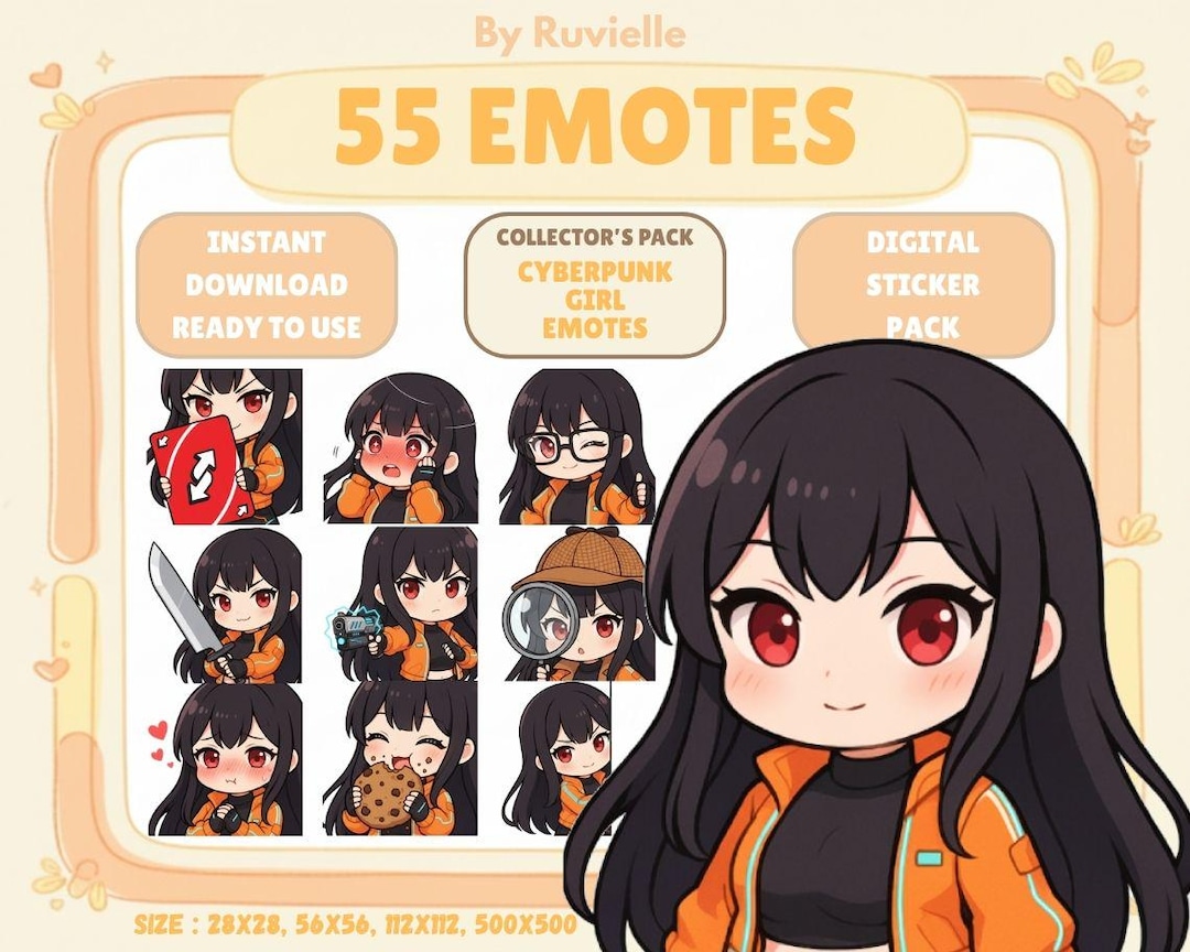 55 Kawaii Cyberpunk Girl Emotes PNG Pack: Chibi Twitch Discord Emotes ...