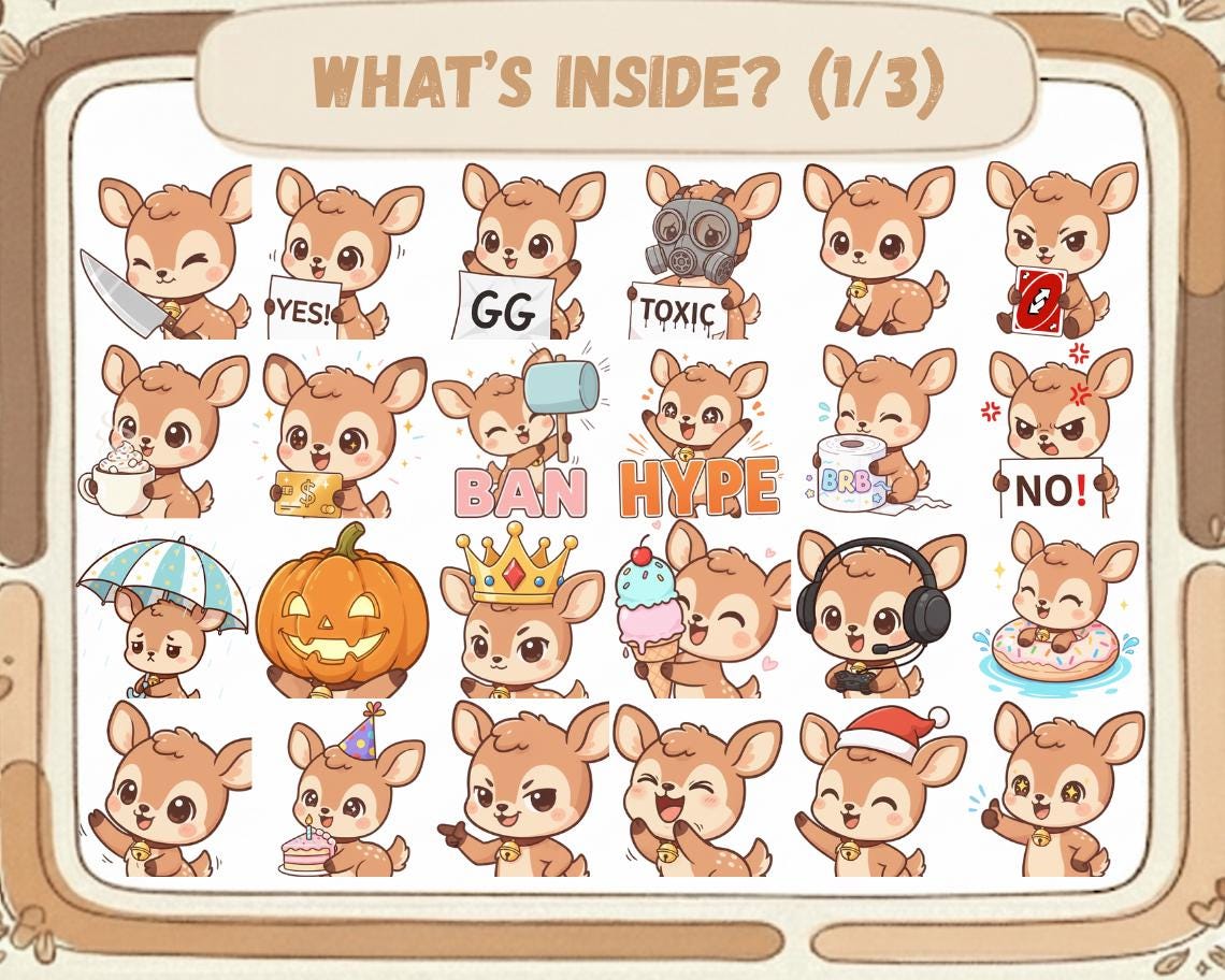 50 Kawaii Fawn Emotes PNG Pack: Chibi Twitch Discord Emotes (digital ...