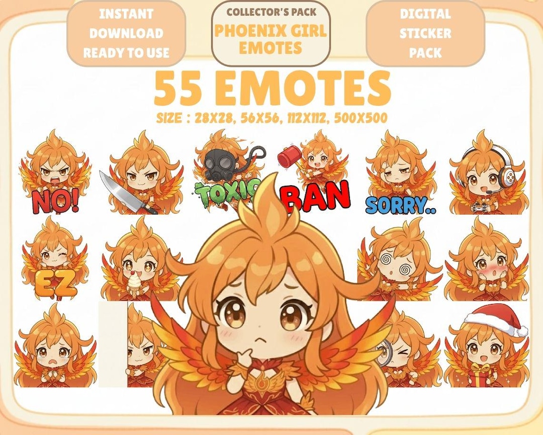 55 Kawaii Red Phoenix Girl Emotes PNG Pack: Chibi Twitch Discord Emotes ...