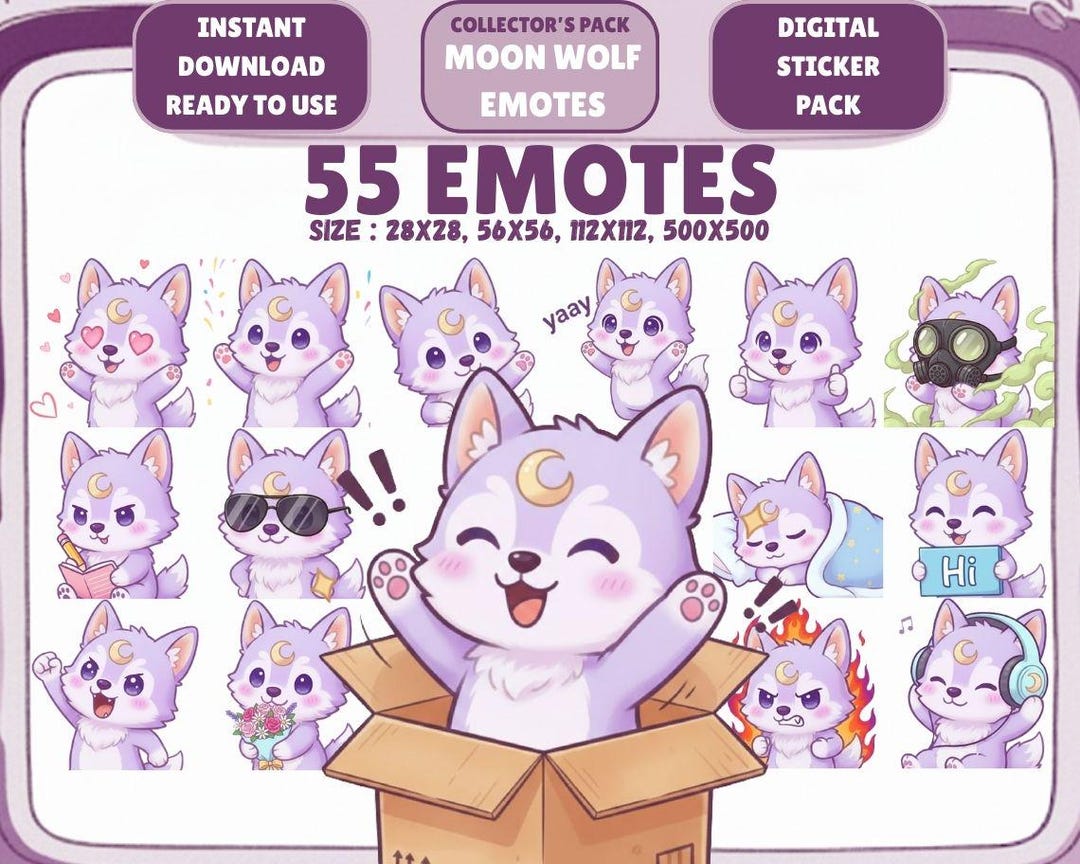55 Kawaii Mond Wolf Emotes PNG Pack: Chibi Twitch Discord Emotes ...