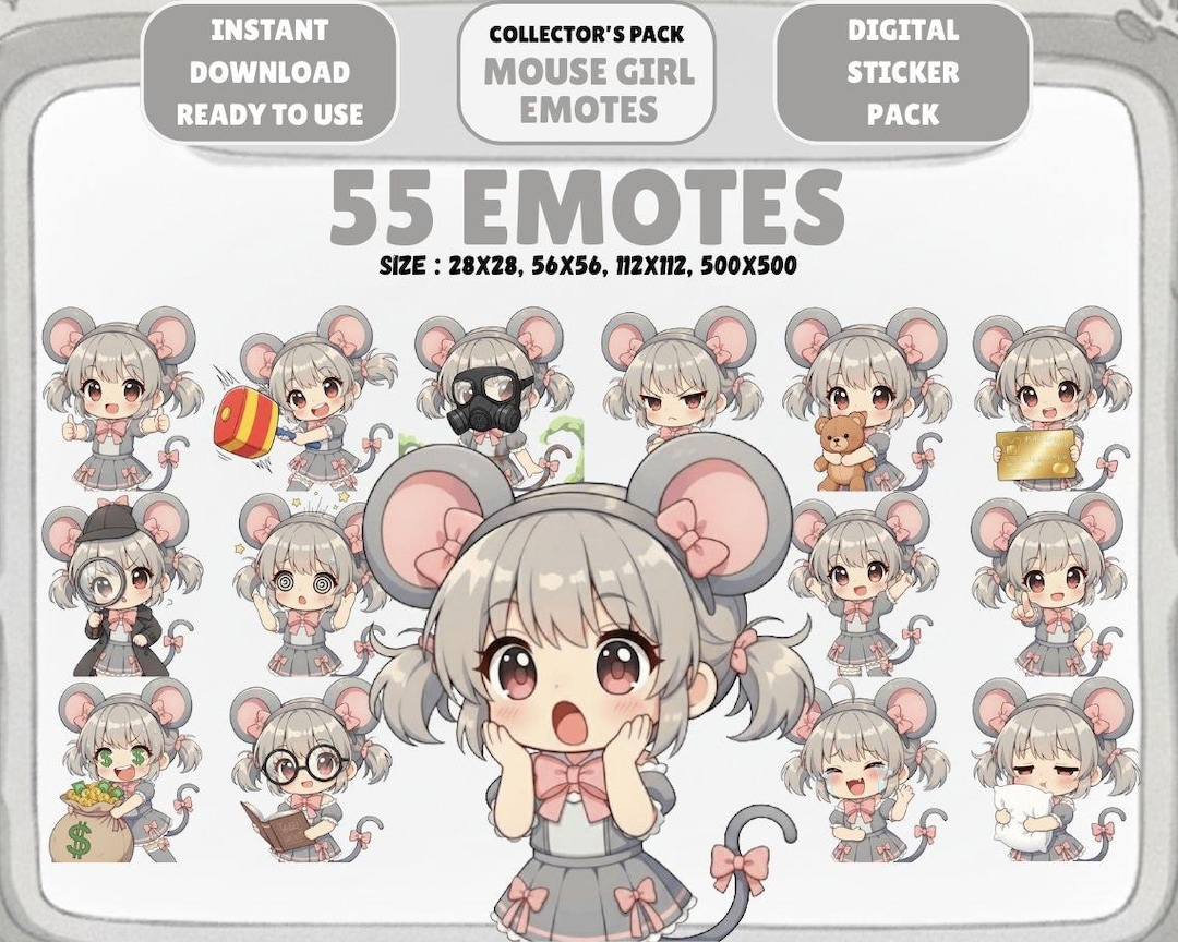 55 Kawaii Gray Mouse Girl Emotes PNG Pack: Chibi Twitch Discord Emotes ...