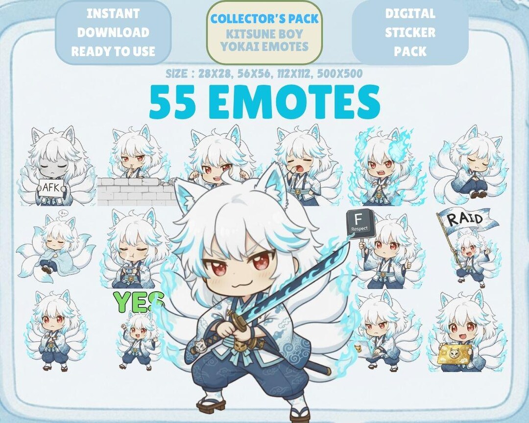 55 Kawaii Kitsune Boy Yokai Emotes PNG Pack: Chibi Twitch Discord ...