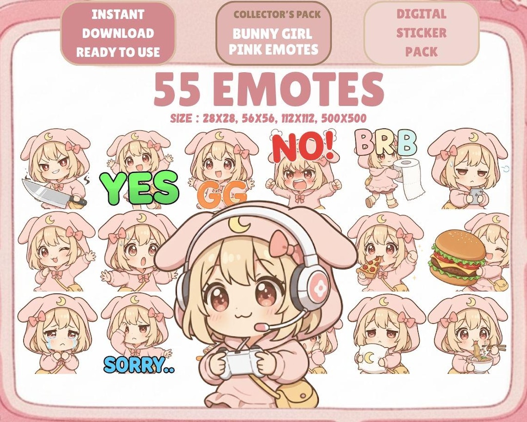 50 Kawaii Bunny Girl Pink Emotes PNG Pack: Chibi Twitch Discord Emotes ...