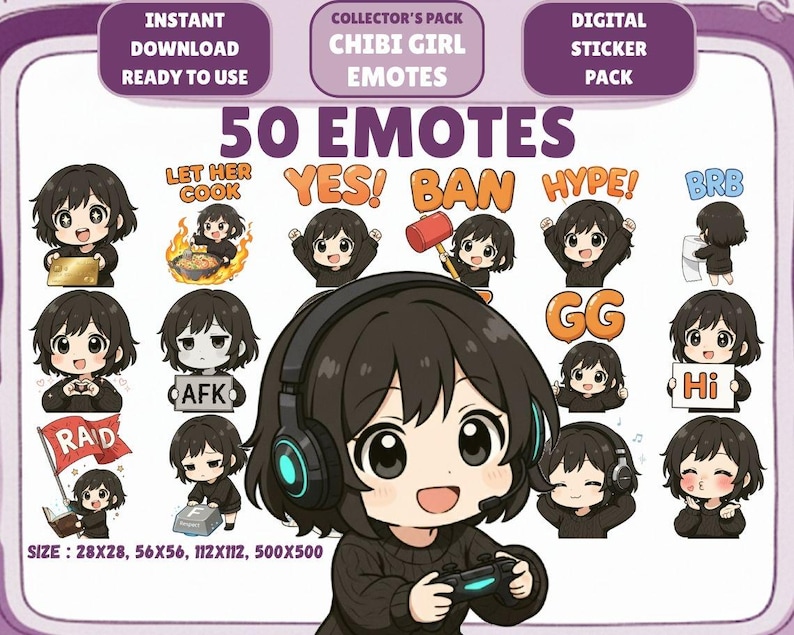50 Kawaii Chibi Girl Emotes PNG Pack: Twitch Discord Emotes (digital ...