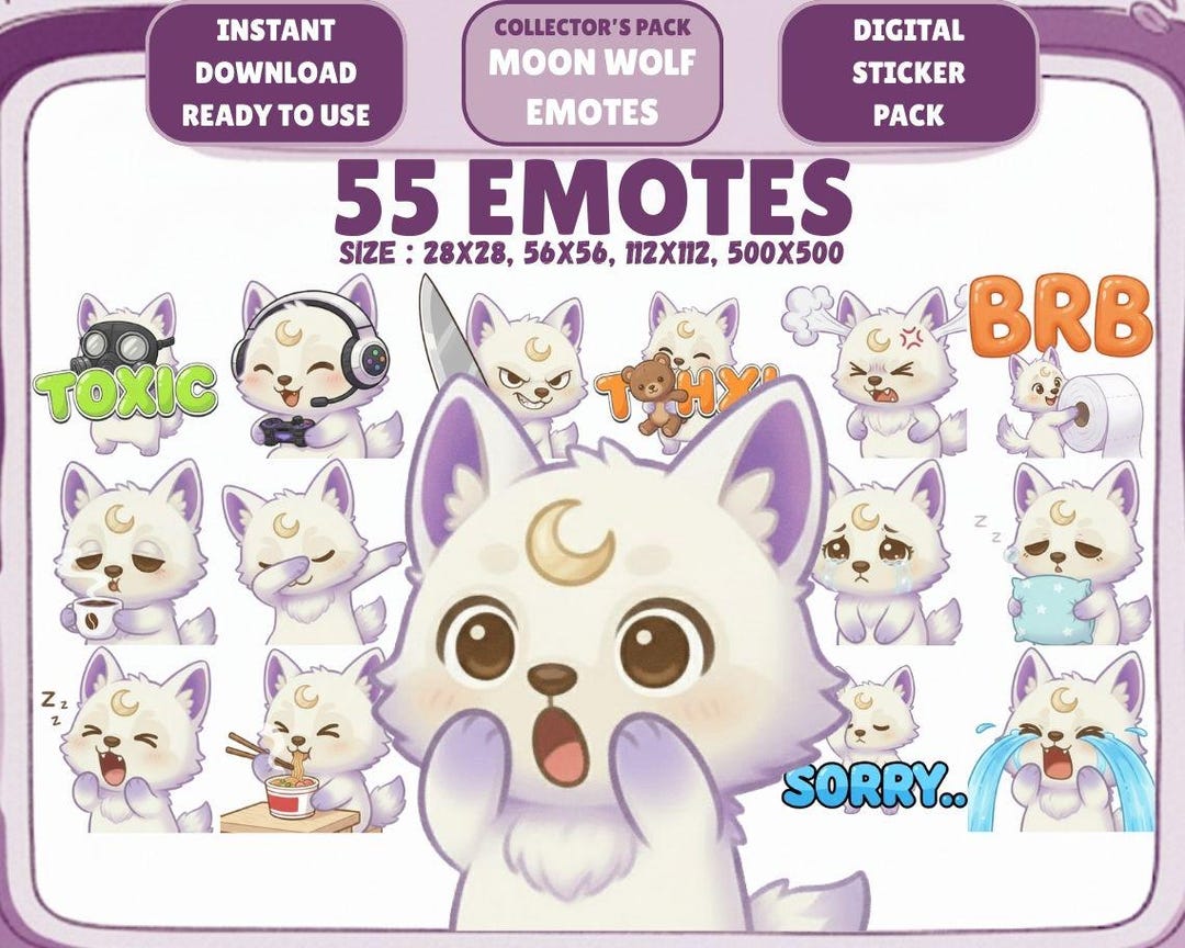 55 Kawaii Moon Wolf Emotes PNG Pack: Chibi Twitch Discord Emotes ...