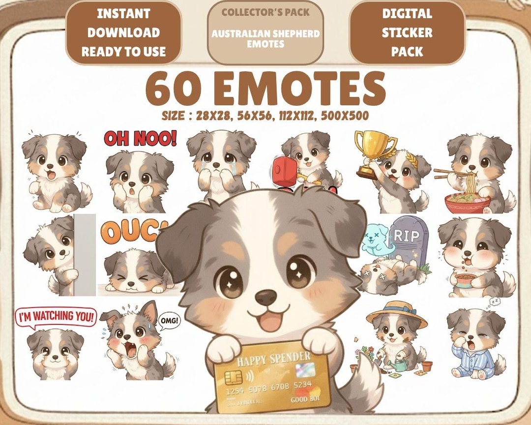 60 Kawaii Australian Shepherd Dog Emotes PNG Pack: Chibi Twitch Discord ...