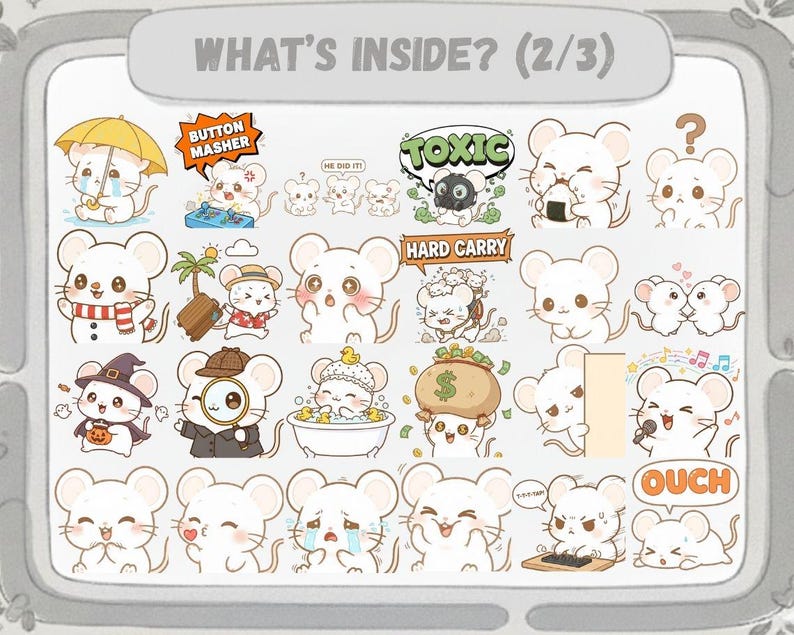50 Kawaii White Mouse Emotes PNG Pack: Chibi Twitch Discord Emotes ...