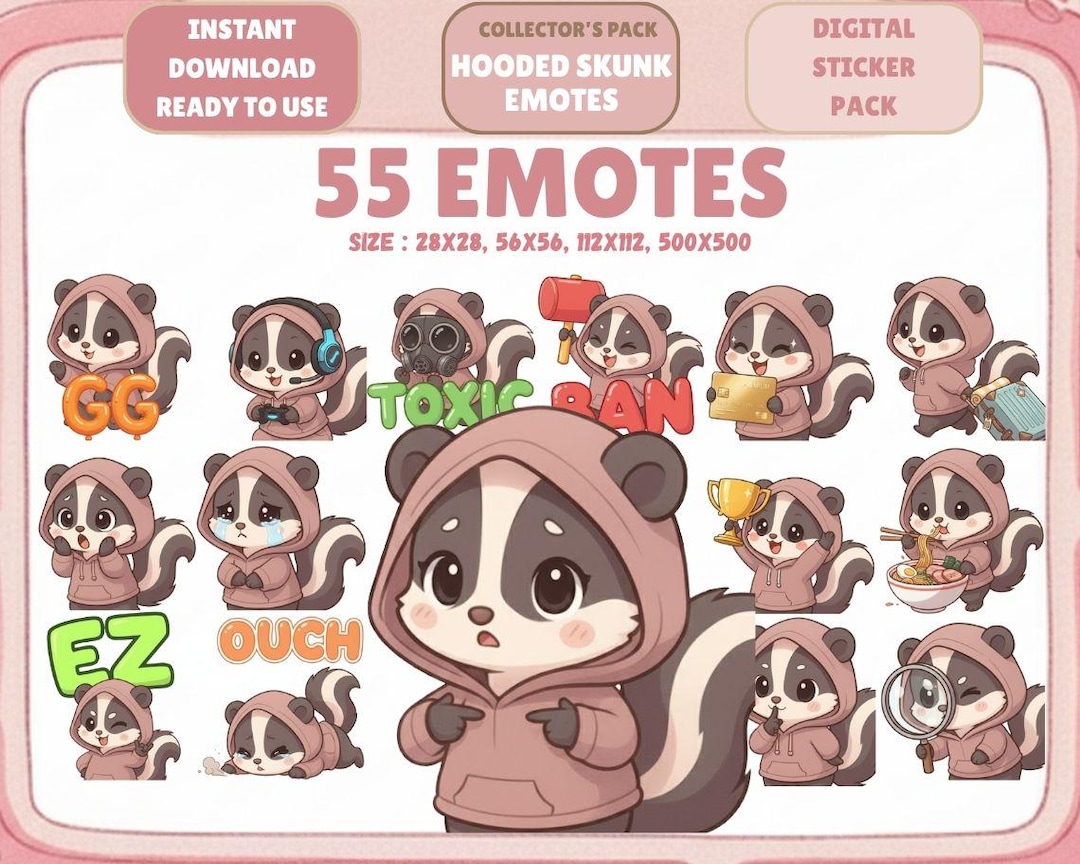 55 Kawaii Hooded Skunk Emotes PNG Pack: Chibi Twitch Discord Emotes ...