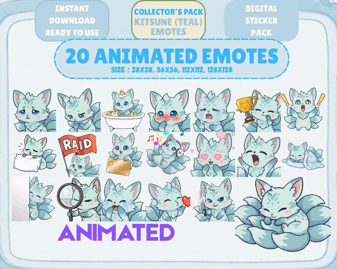 20 Animated Teal Kitsune Emotes GIF Pack: Chibi Twitch Discord Emotes ...