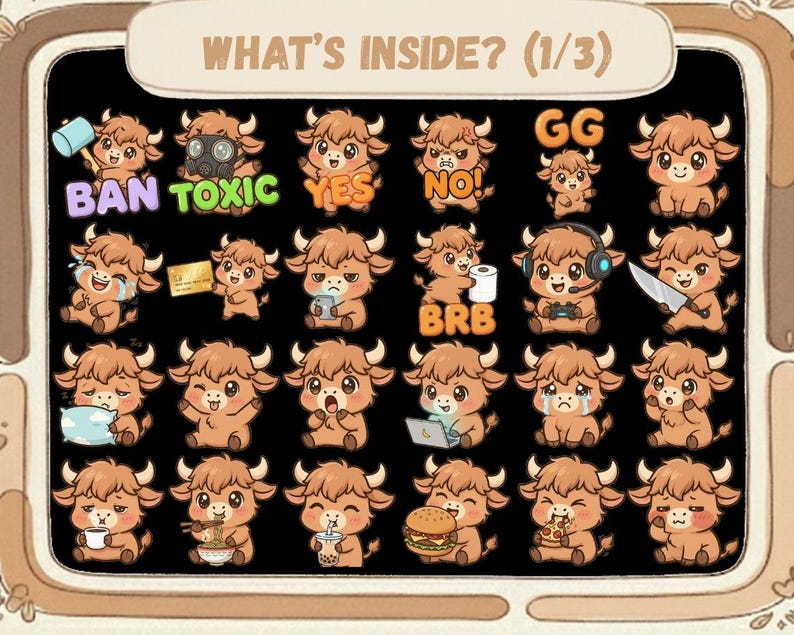 55 Kawaii Highland Cow Emotes PNG Pack: Chibi Twitch Discord Emotes ...
