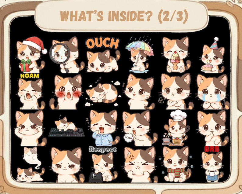 60 Kawaii Calico Cat Emotes PNG Pack: Chibi Twitch Discord Emotes ...