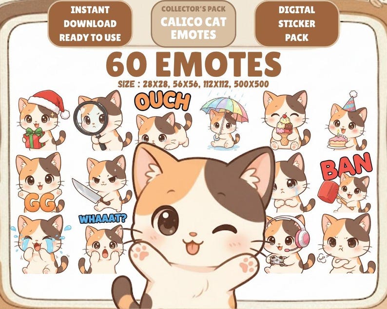 60 Kawaii Calico Cat Emotes PNG Pack: Chibi Twitch Discord Emotes ...