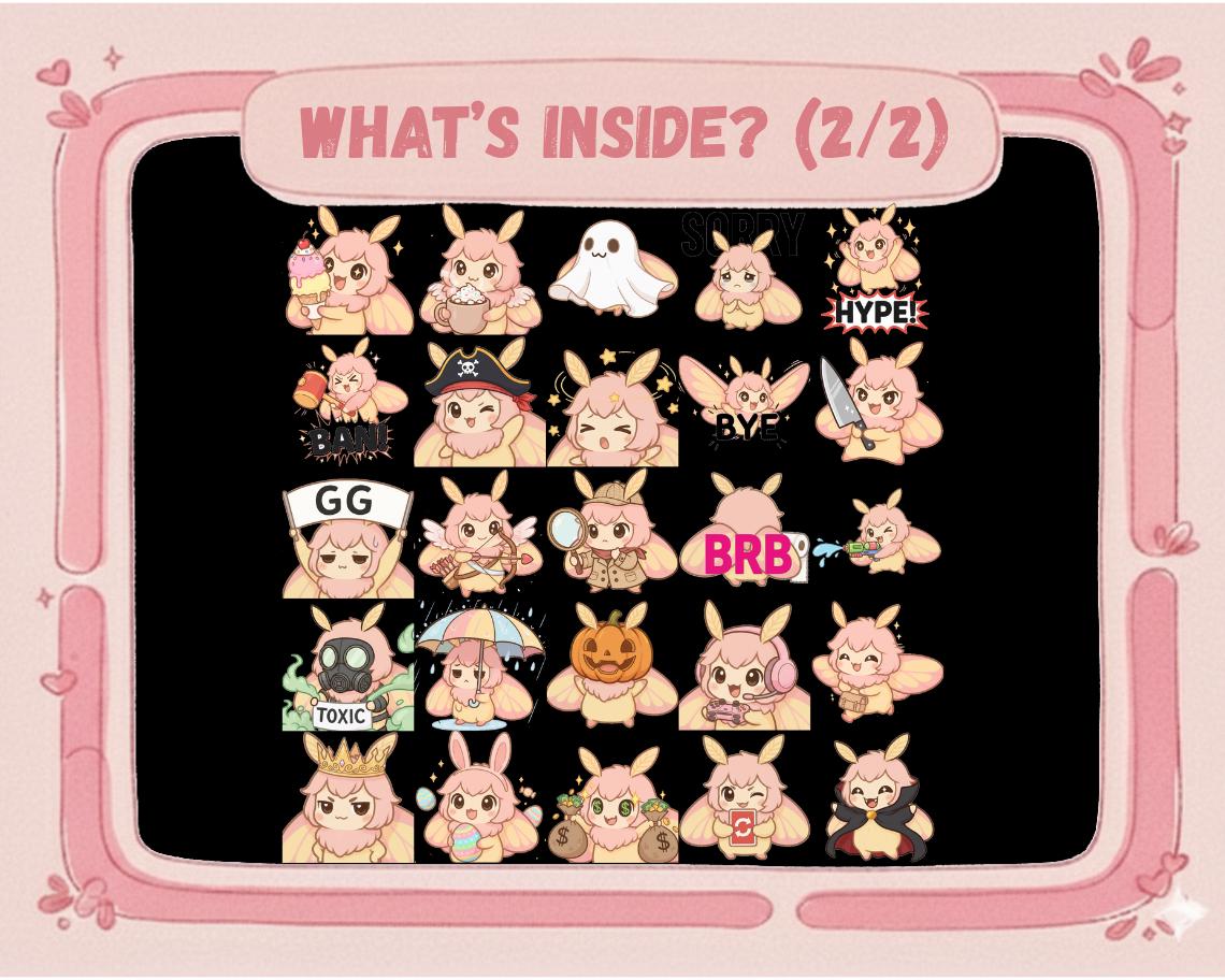 50 Rosy Maple Moth Emote Pack: Kawaii Chibi Twitch/discord Emotes (PNG ...