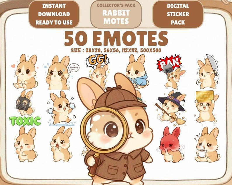 50 Kawaii Rabbit Emotes PNG Pack: Chibi Twitch Discord (digital ...