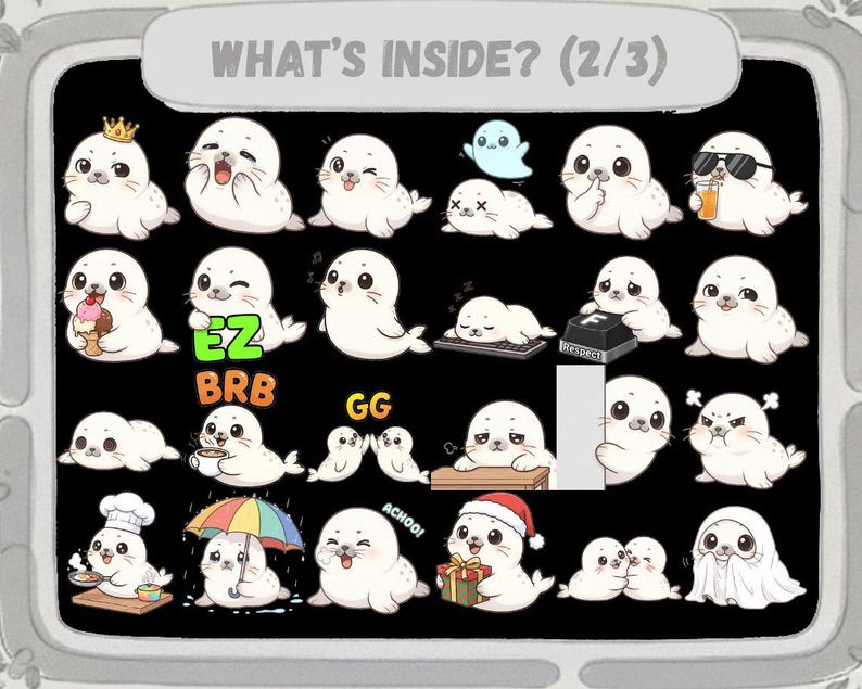 60 Kawaii Harp Seal Emotes PNG Pack: Chibi Twitch Discord Emotes ...