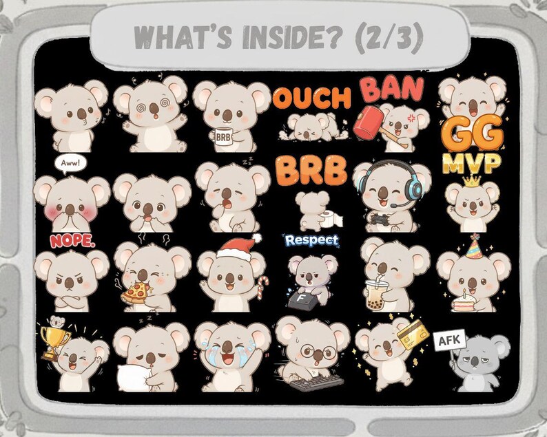 50 Kawaii Gray Koala Emotes PNG Pack: Chibi Twitch Discord Emotes ...