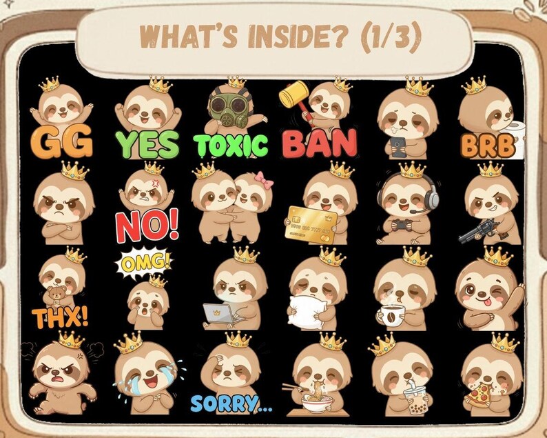 55 Kawaii King Sloth Emotes PNG Pack: Chibi Twitch Discord Emotes ...