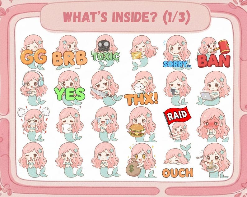 60 Kawaii Mermaid Emotes PNG Pack: Chibi Twitch Discord Emotes (digital ...