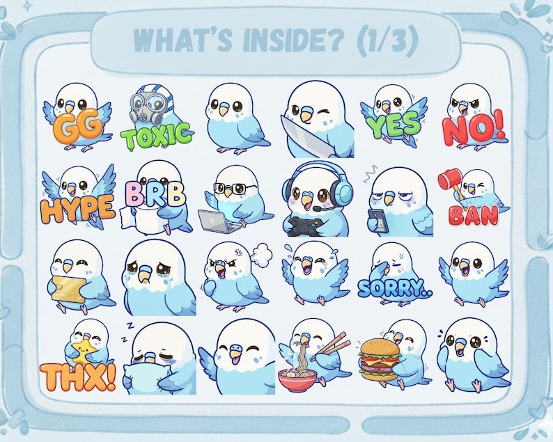 50 Kawaii Budgie Parakeet Emotes PNG Pack: Chibi Twitch Discord Emotes ...