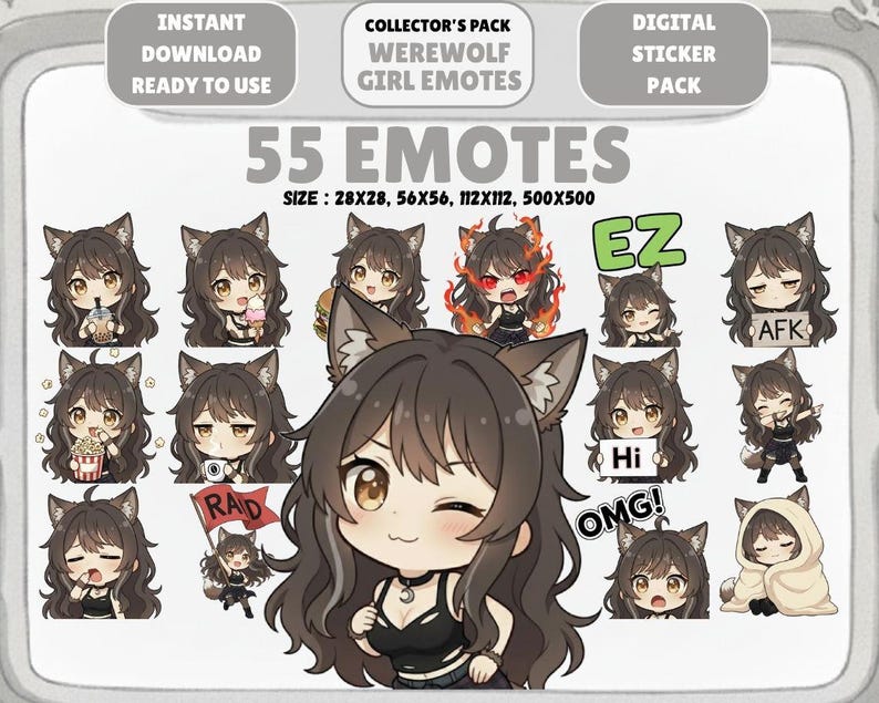 55 Werewolf Girl Emotes: Kawaii Chibi Twitch Discord (digital Download ...