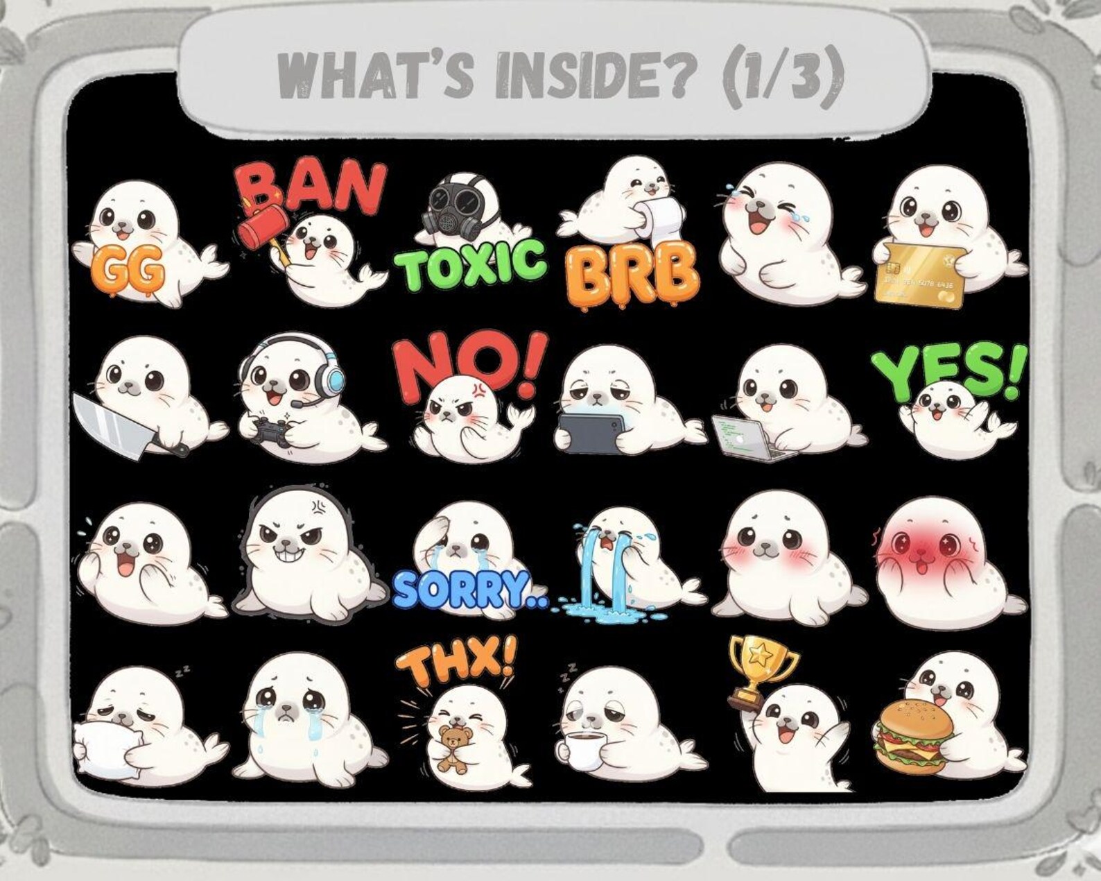 60 Kawaii Harp Seal Emotes PNG Pack: Chibi Twitch Discord Emotes ...