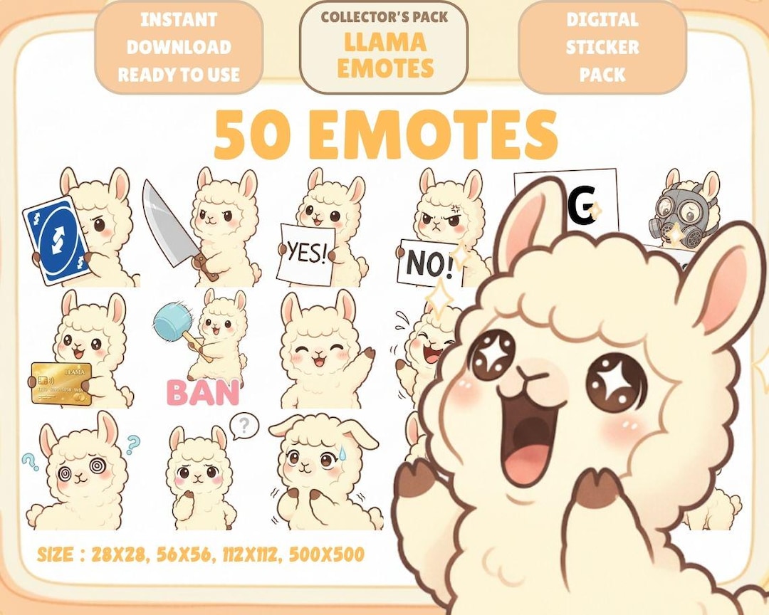 50 Kawaii Llama Emotes PNG Pack: Chibi Twitch Discord Emotes (digital ...