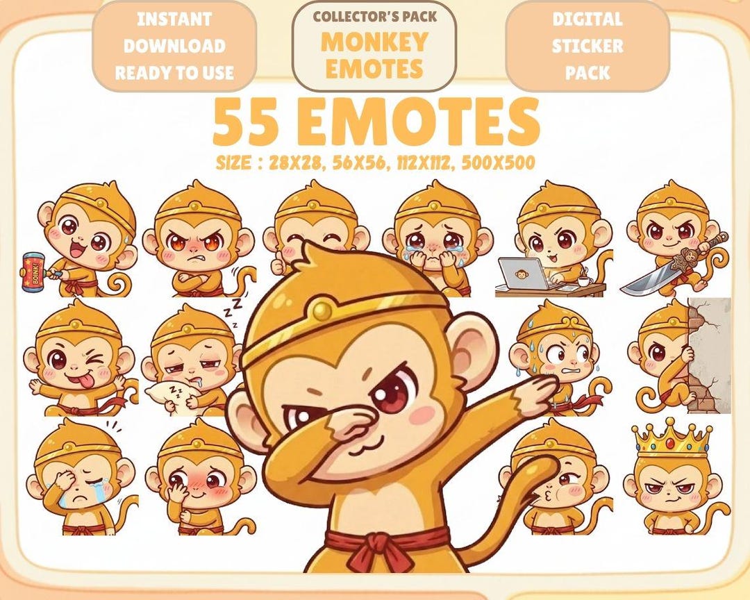 55 Kawaii Monkey Emotes PNG Pack: Chibi Twitch Discord Emotes (digital ...