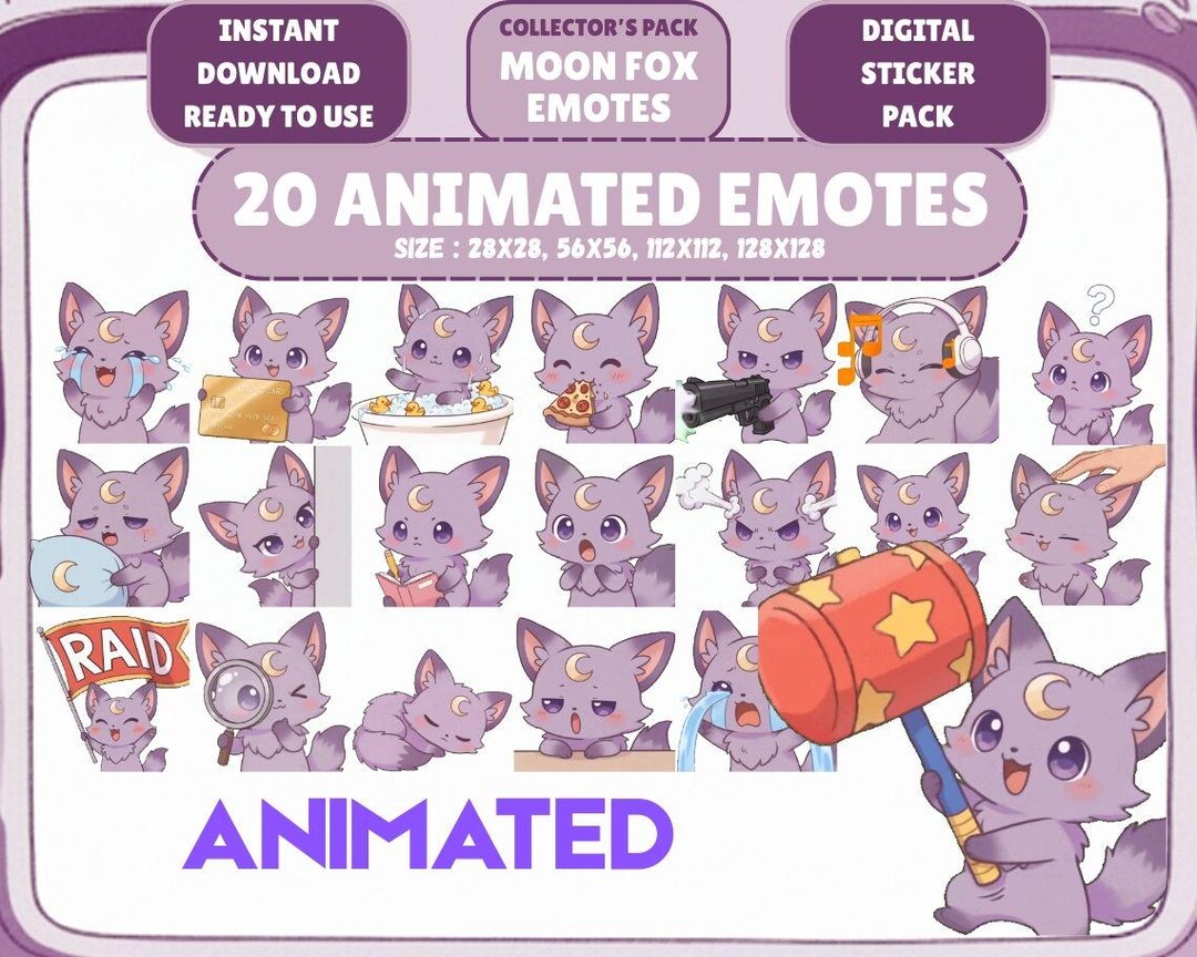 20 Animated Kawaii Moon Fox Emotes GIF Pack: Chibi Twitch Discord ...