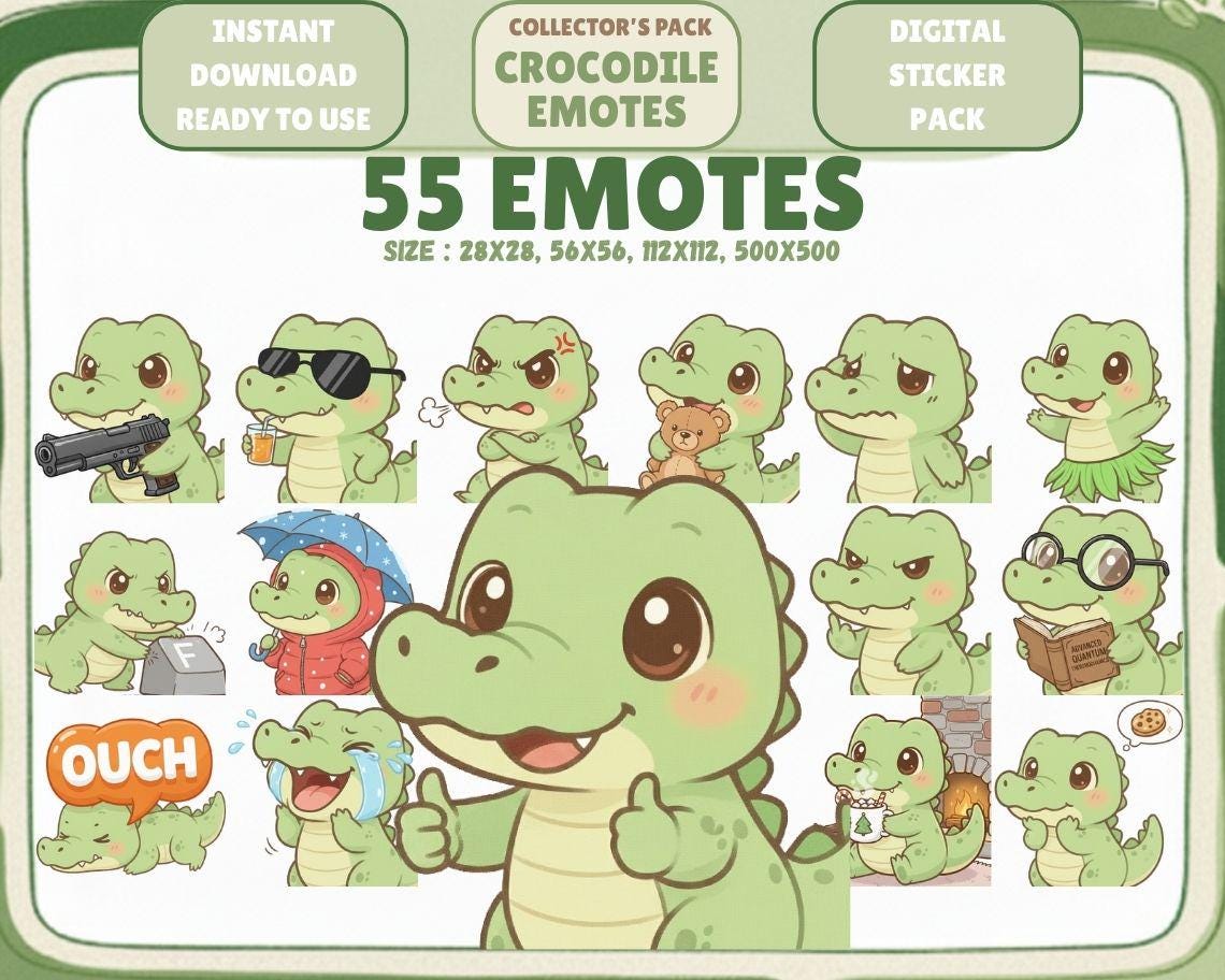 55 Kawaii Green Crocodile Alligator Emotes: Chibi Twitch Discord ...