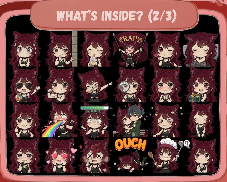 55 Kawaii Red Hair Cat Girl Emotes Pack: Chibi Twitch Discord Stickers ...