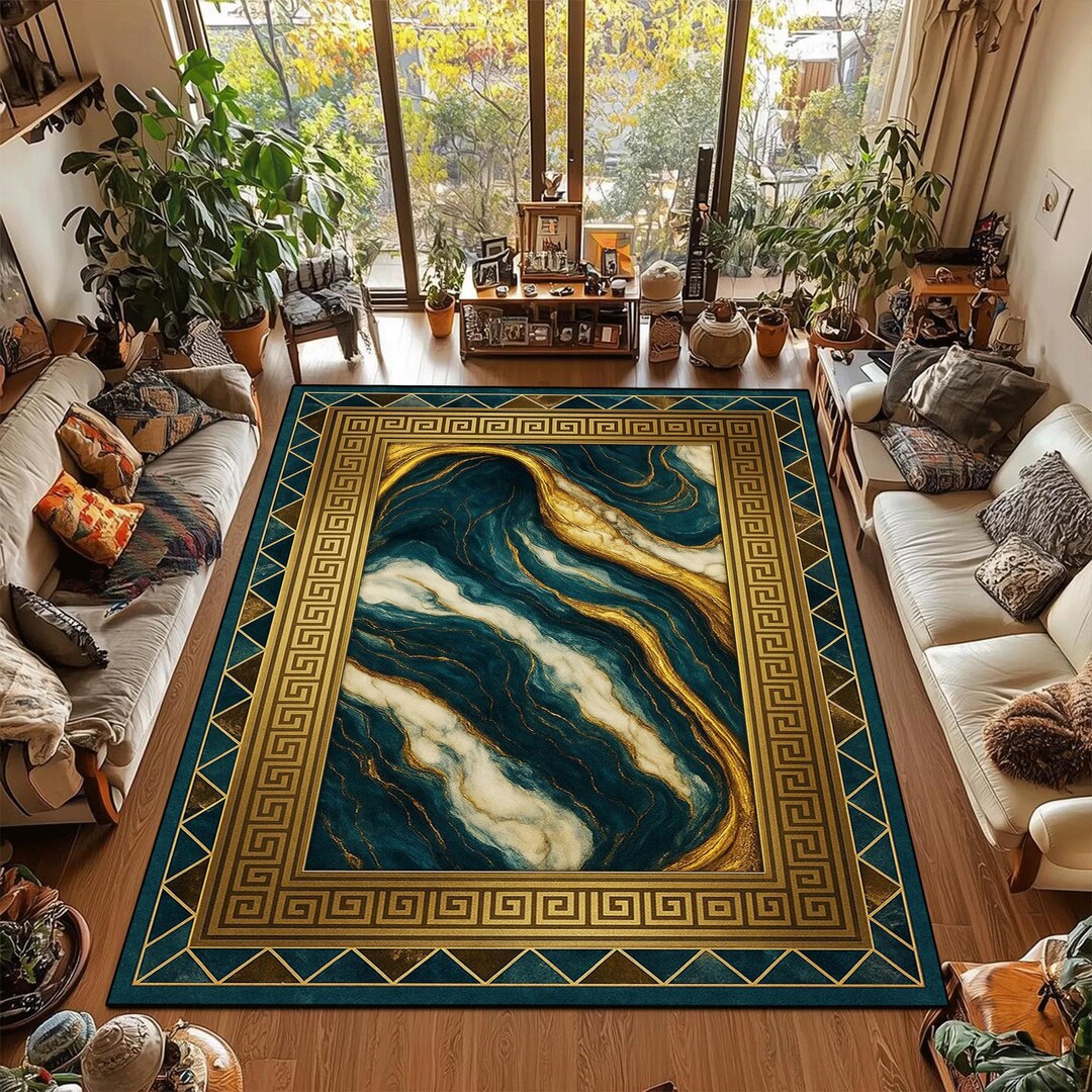 Blue and Gold Marble Pattern Rug: Modern Geometric Area Carpet - Etsy