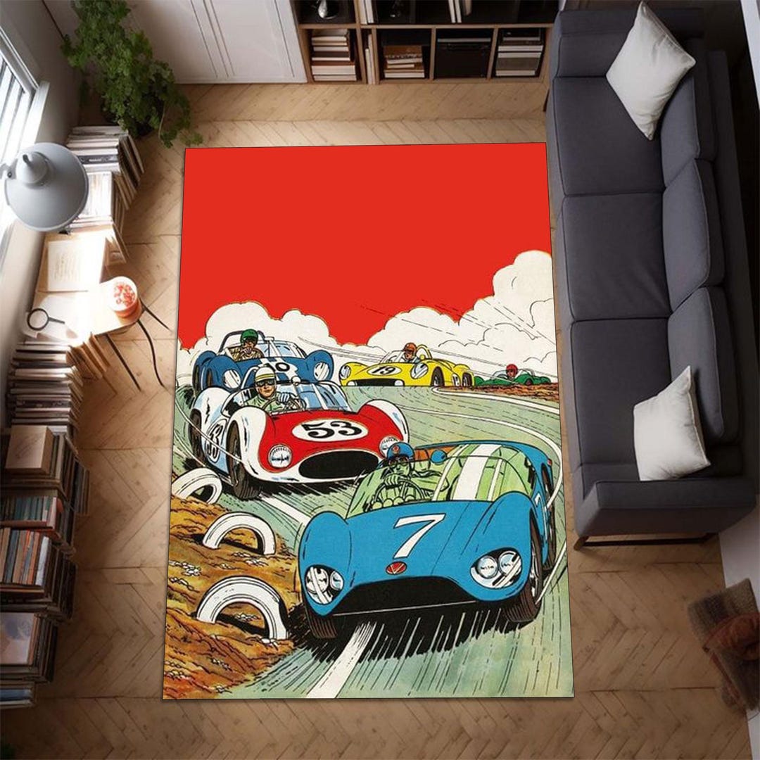 Zoom Into the Past With This Retro Race Car Rug — Bold Colors ...