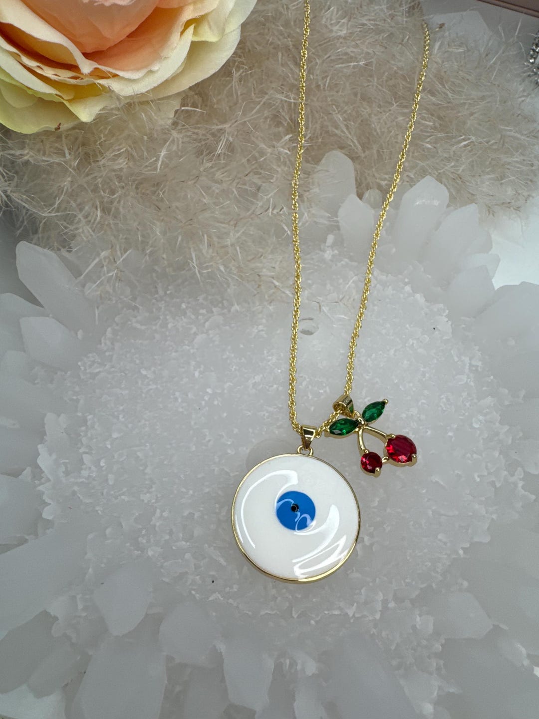 18K Gold Plated Stainless Steel Evil Eye Necklace With Cherries - Etsy
