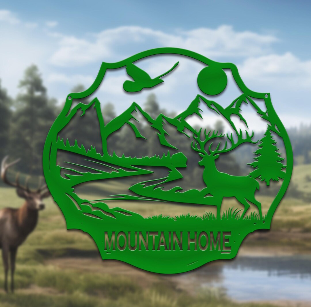 Mountain Home Metal Sign – Scenic Nature Silhouette With Deer, River ...