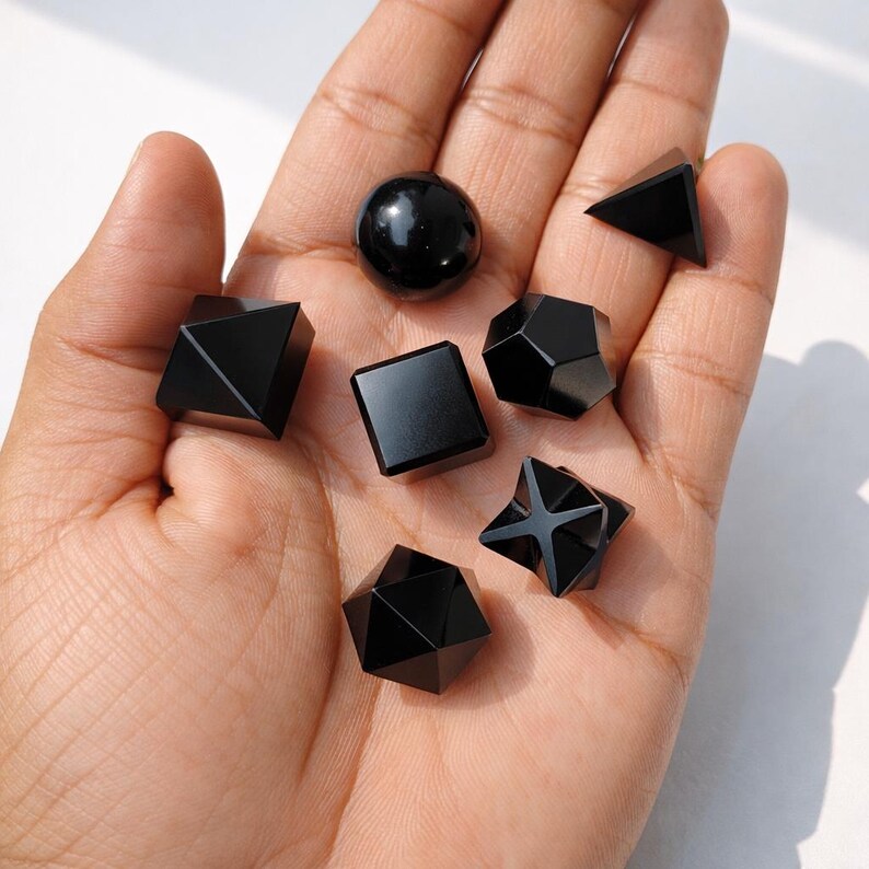 Black Obsidian Sacred Geometry Platonic Solids Set With Wooden Box | 7 ...